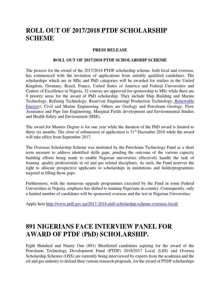 PTDF 2017 2018 Details | PDF | Doctor Of Philosophy | Master Of Science