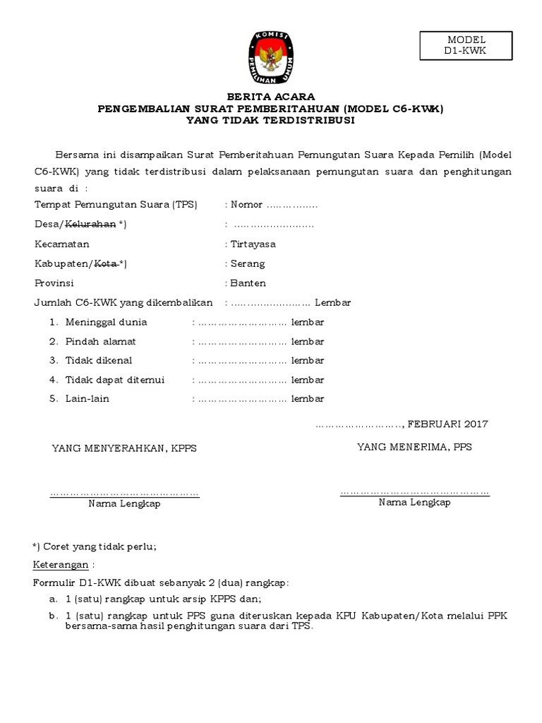 Rekap c6 Formulir Model d1-Kwk (KPPS) Dan d2-Kwk (PPS) | PDF