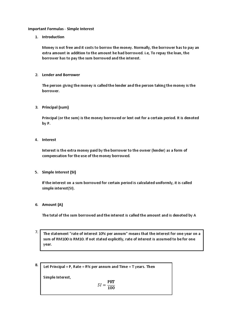 Important Formulas - Simple Interest | PDF