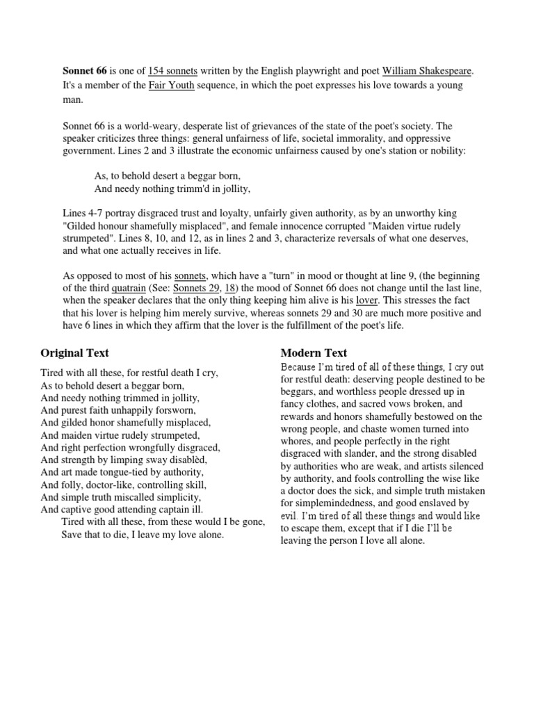 Sonnet 66 Is One of 154 Sonnets Written by The English Playwright and ...