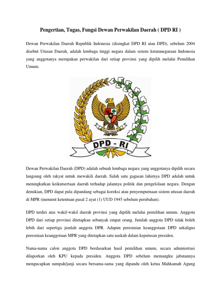 Pengertian Tugas Dan Wewenang DPD | PDF