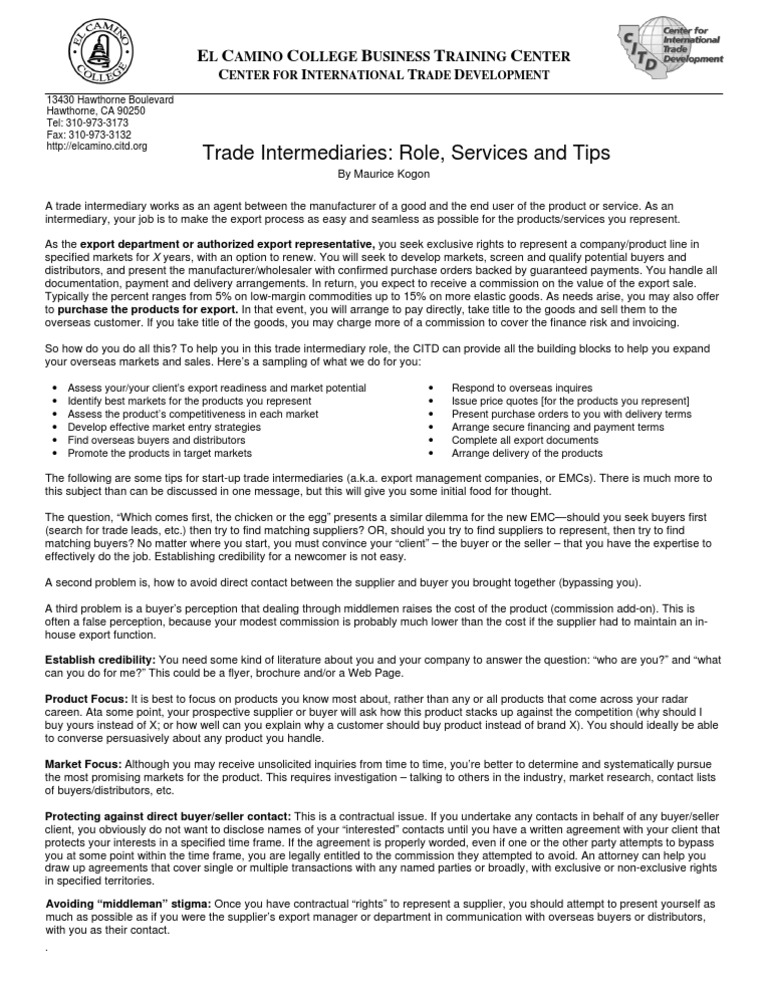 Trade Intermediaries | PDF | Sales | Exports