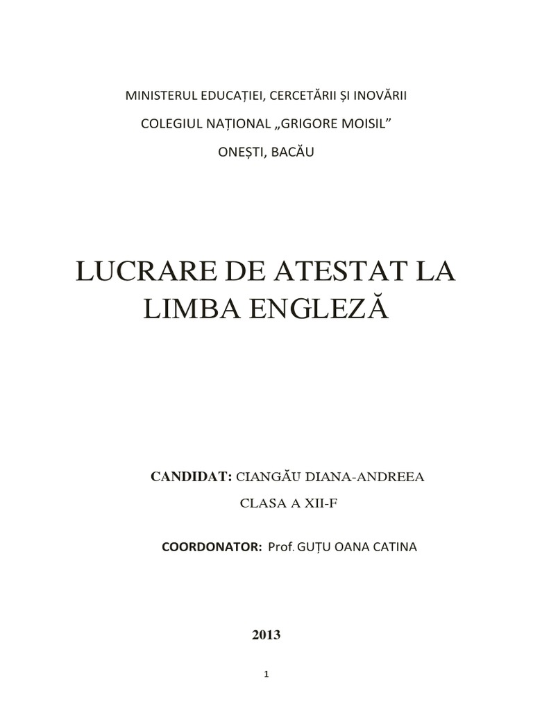 Lucrare de Atestat La Limba Engleză: Colegiul Național Grigore Moisil ...