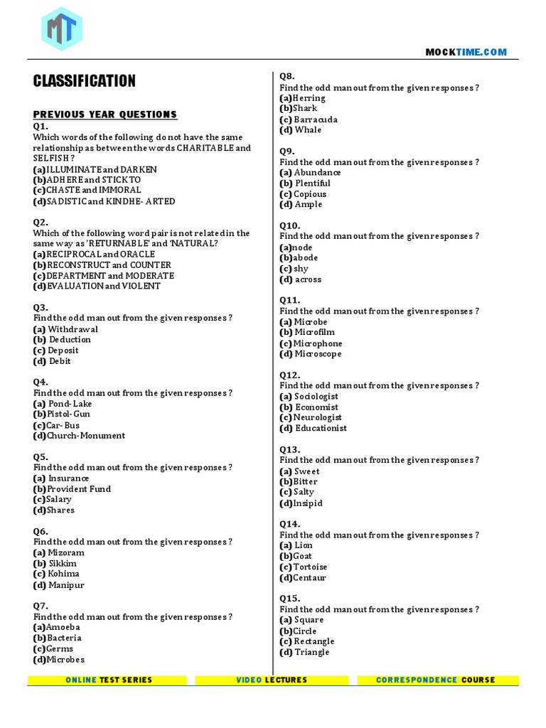 Classification - Odd-One-Out (WWW - Qmaths.in) PDF | PDF | Carbon | Nature