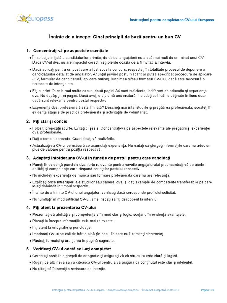 Europass CV Instructions Ro PDF | PDF