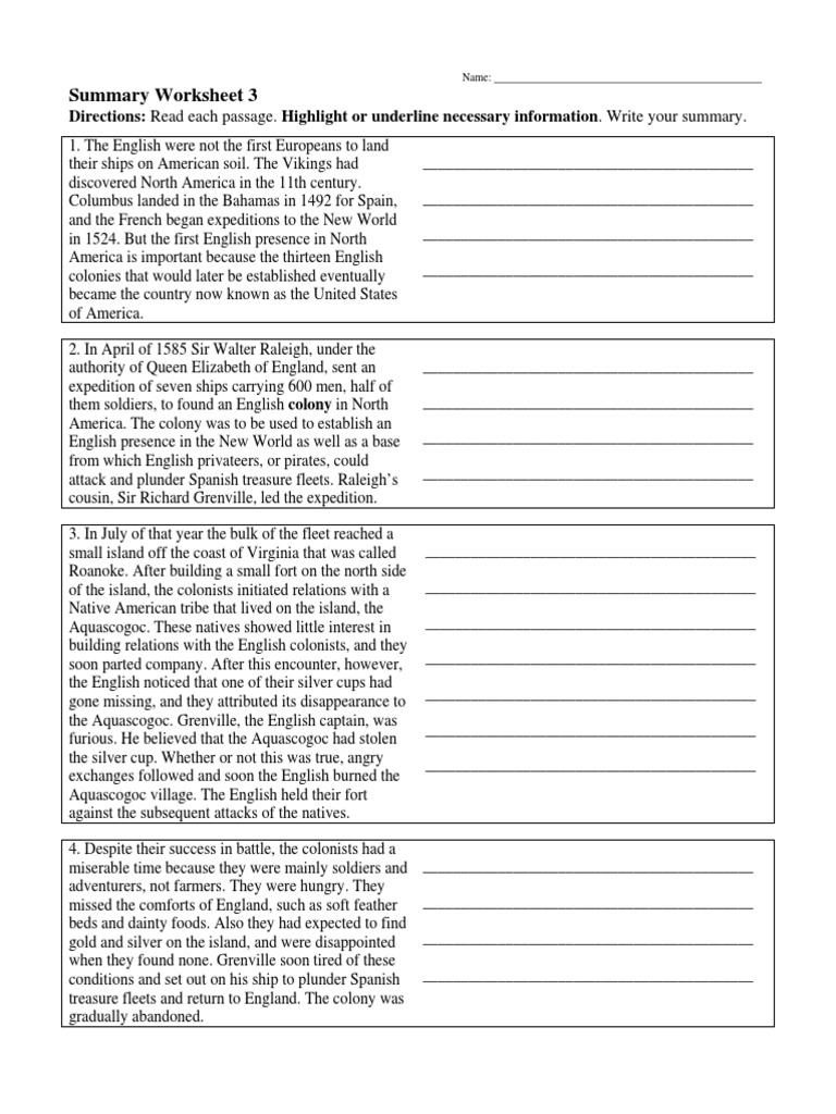 Summary Worksheet 3 PDF | PDF | Roanoke Colony | Military Operations
