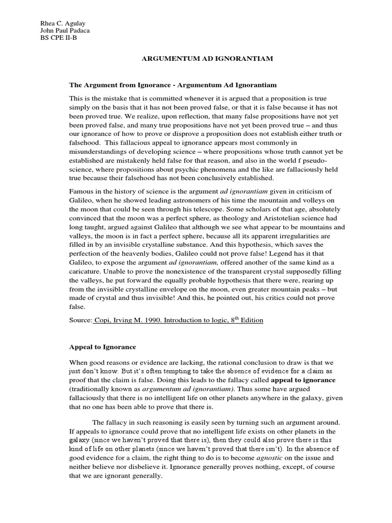 Understanding Argumentum Ad Ignorantiam | PDF | Fallacy | Argument