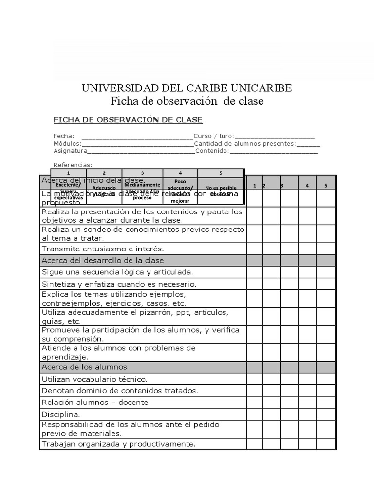Ficha de Observacion de Clase | PDF | Habilidades de estudio | Maestros