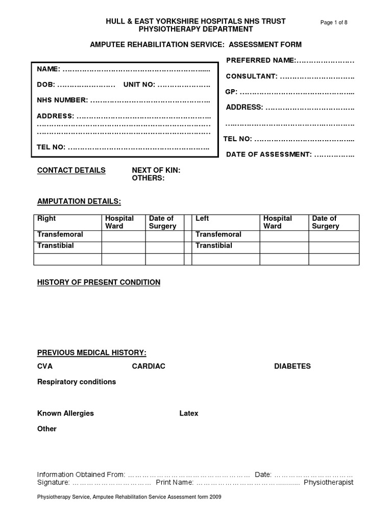 Amputee Physiotherapy Assessment Form | PDF | Wheelchair | Physical Therapy