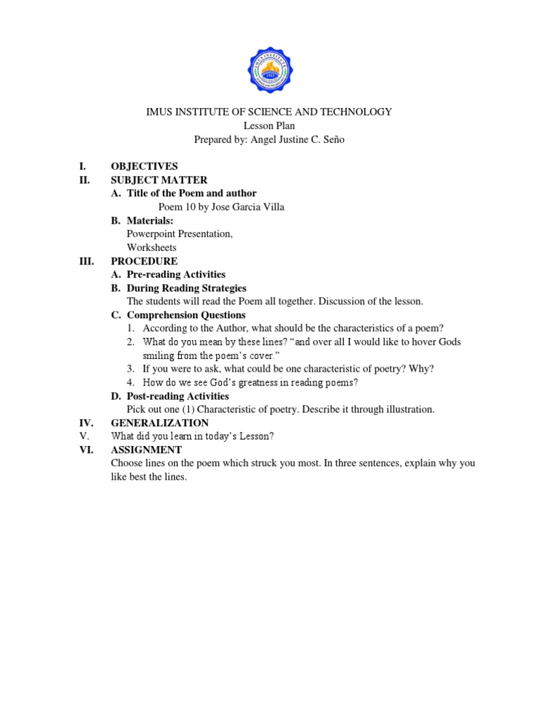 Lesson Plan on Poem 10 by Jose Garcia Villa | PDF