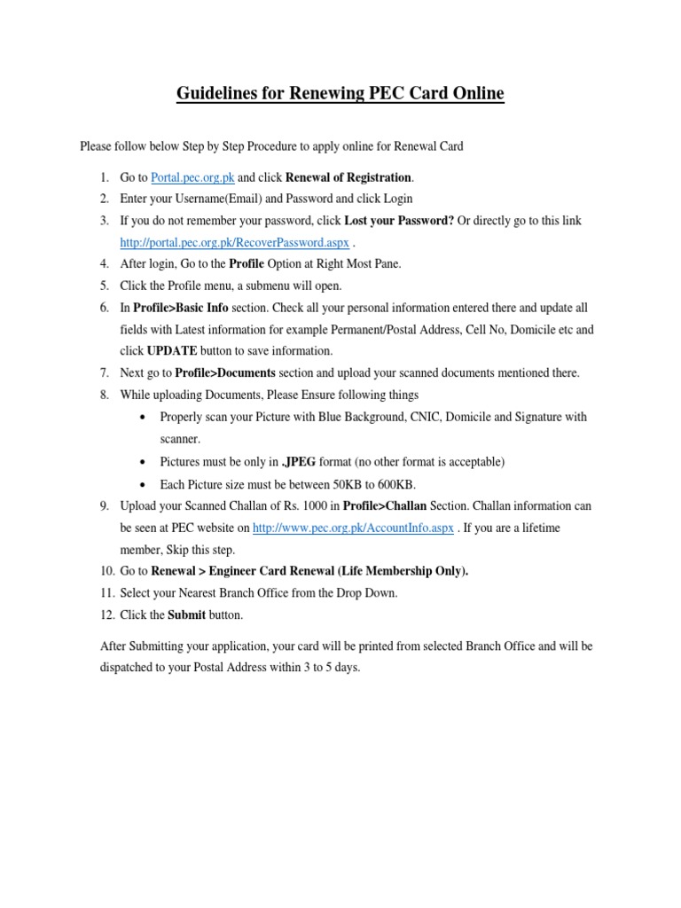 Guidelines For Renewing PEC Card Online PDF | PDF | Image Scanner ...