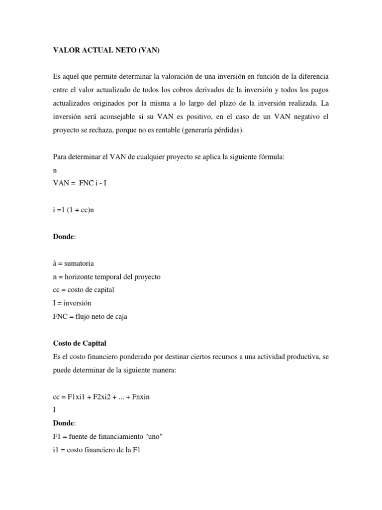 Cálculo del VAN en Proyectos Financieros | PDF | Valor presente neto ...
