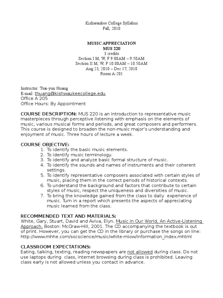 Music Appreciation Syllabus | PDF | Musical Forms | Test (Assessment)