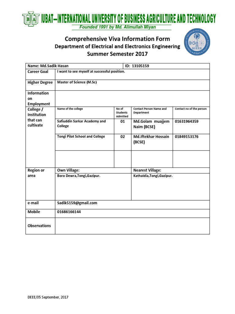 Comprehensive Viva Information Form | Download Free PDF | Science | Titles