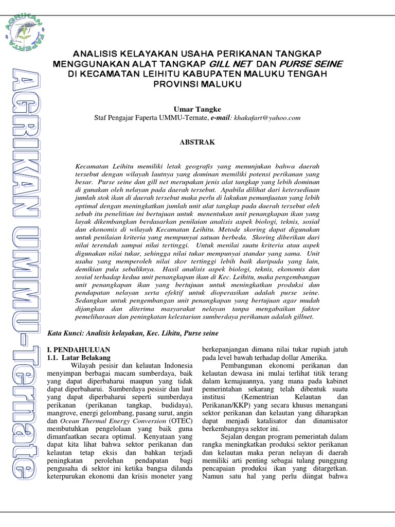 Umar Tangke - Jurnal Vol 4 Edisi 1 - Analisis Kelayakan Usaha Perikanan ... Umar Tangke - Jurnal Vol 4 Edisi 1 - Analisis Kelayakan Usaha Perikanan ...