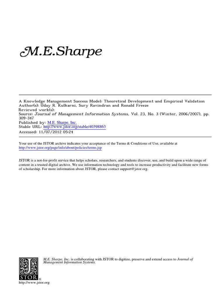 A Knowledge Management Success Model: Theoretical Developmentand Empirical Validation | Download ...