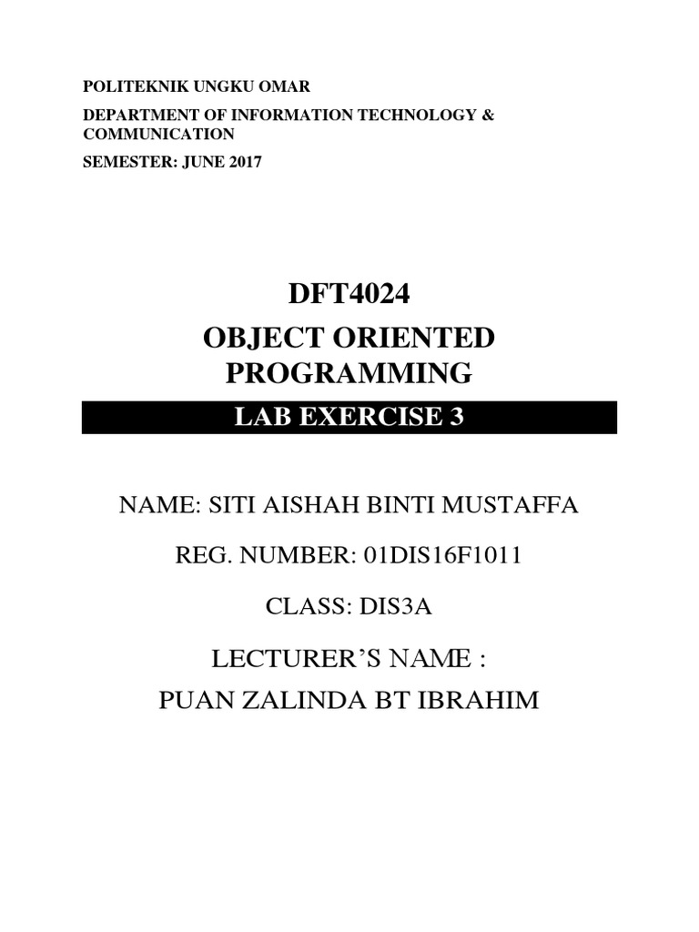 DFT4024 Object Oriented Programming: Lab Exercise 3 | PDF