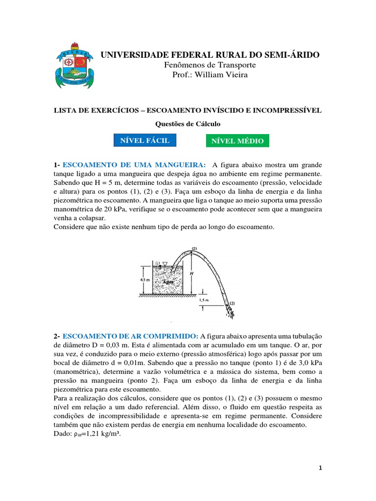 Lista de Exercícios - Escoamento Incompressível e Invíscido | PDF | Mecânica dos fluidos ...