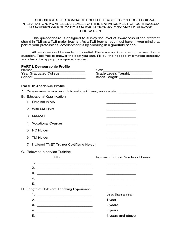 Checklist Questionnaire for Tle Teachers on Professional Preparation ...