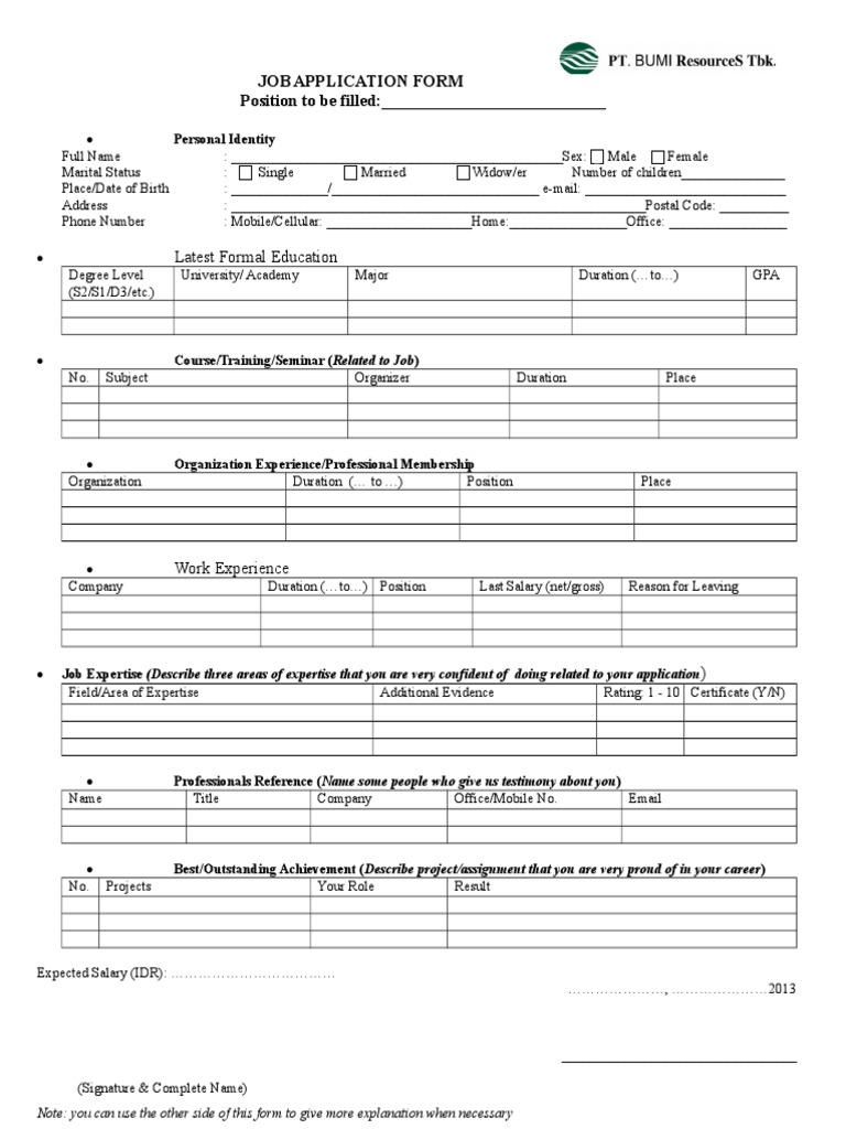 Latest Formal Education: Job Application Form Position To Be Filled ...