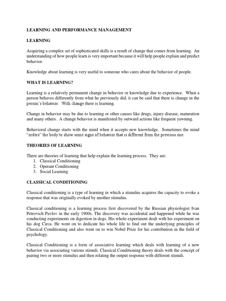 Learning and Performance Management | PDF | Classical Conditioning | Reinforcement