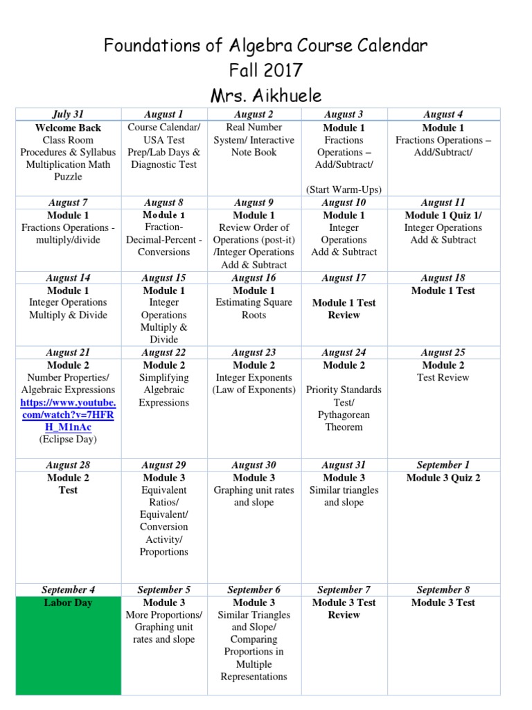 Algebra Course Calendar 2017 | PDF | Polynomial | Variable (Mathematics)