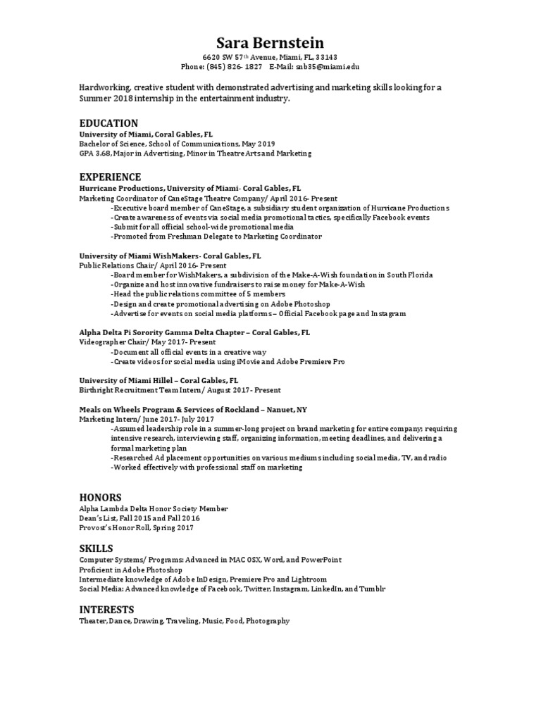 Resume - Sara Bernstein | PDF | Adobe Photoshop Lightroom | Communication