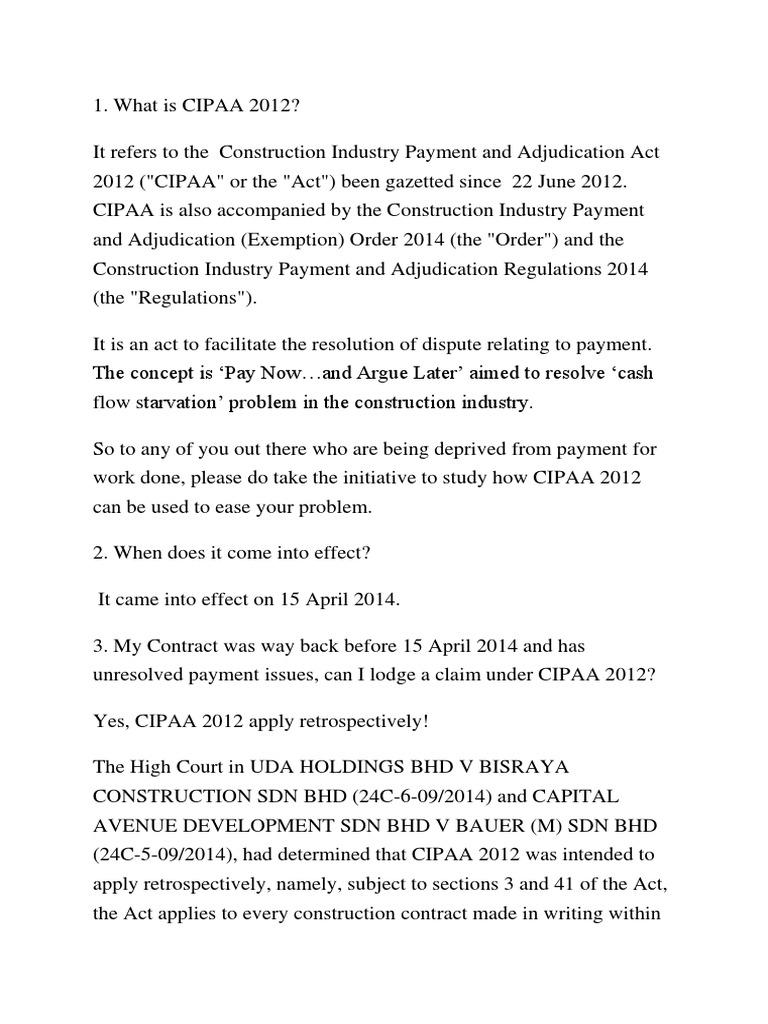 What is CIPAA 2012 and how does it affect construction contracts | PDF ...