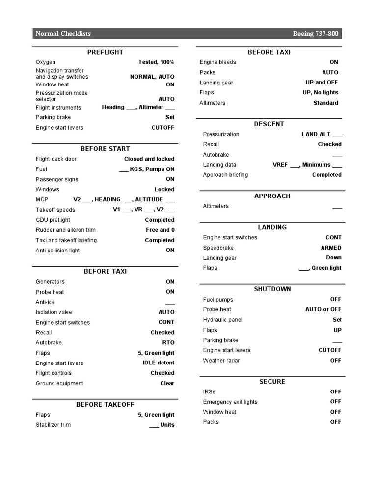 Normal Checklists Boeing 737-800: Preflight Before Taxi | PDF ...