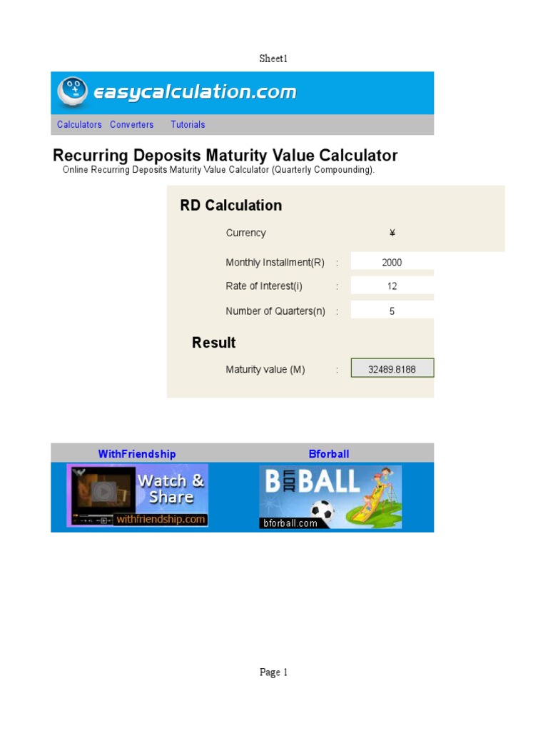 Recurring Deposits Maturity Value Calculator: RD Calculation | PDF ...