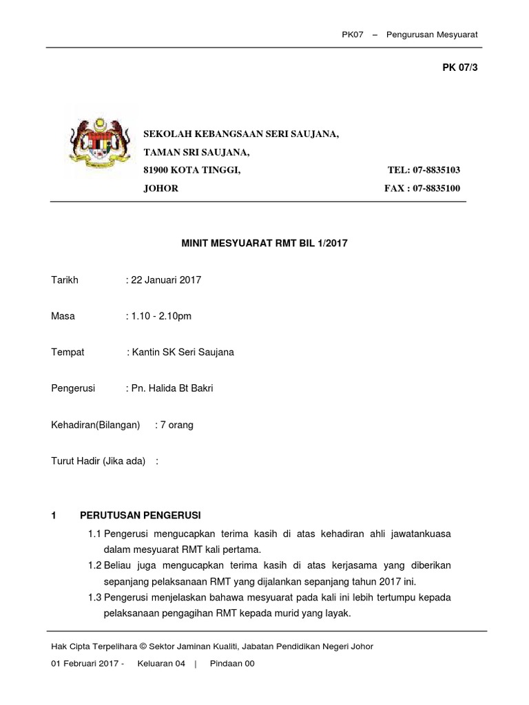Minit Mesyuarat RMT Kali 1 | PDF