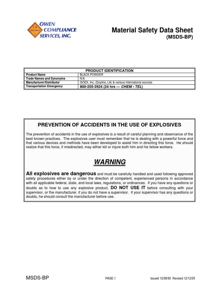 Blackpowder Msds 1 | PDF | Explosive Material | Gunpowder