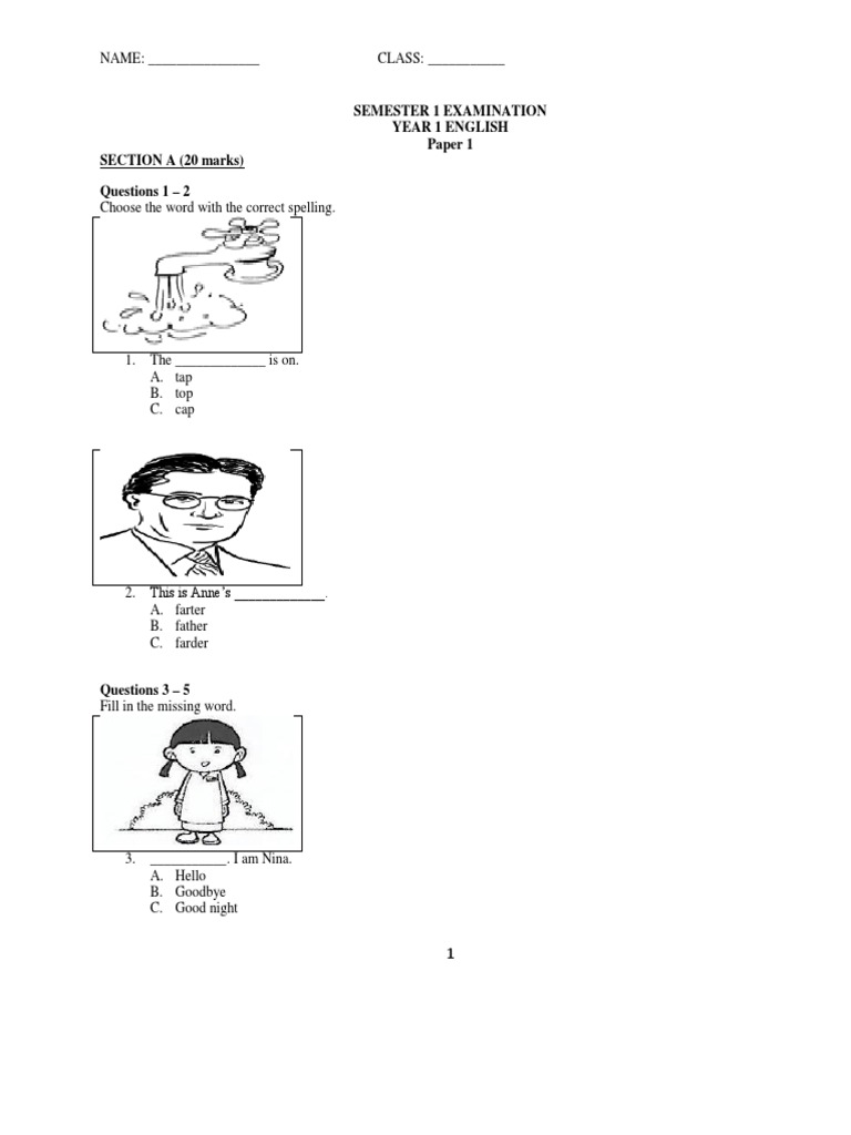 Year 1 English Semester 1 Exam Paper | PDF