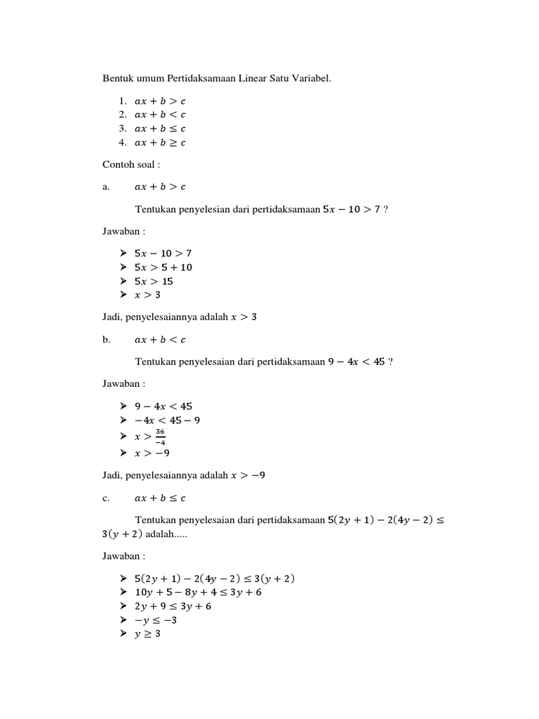 Contoh Soal Bentuk Umum Pertidaksamaan Linear Satu Variabel | PDF