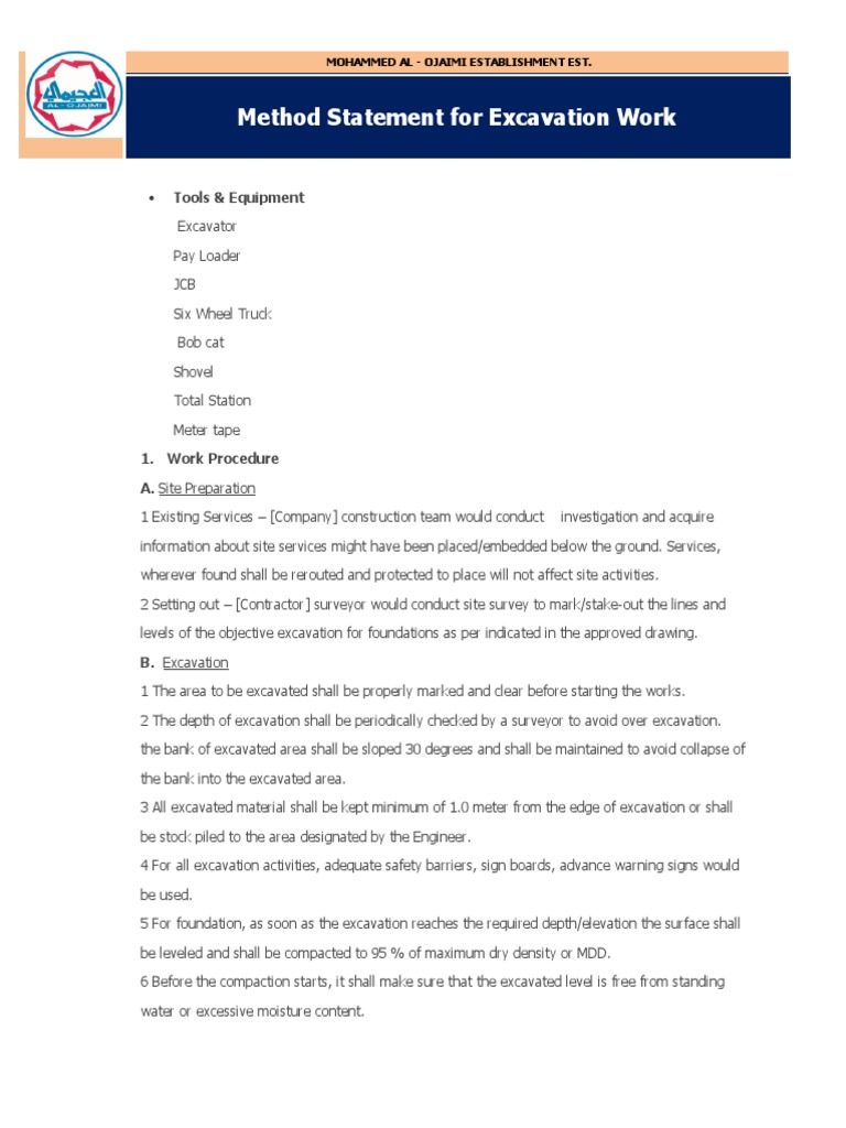 Method Statement For Excavation (Earth Works) | PDF | Excavation ...
