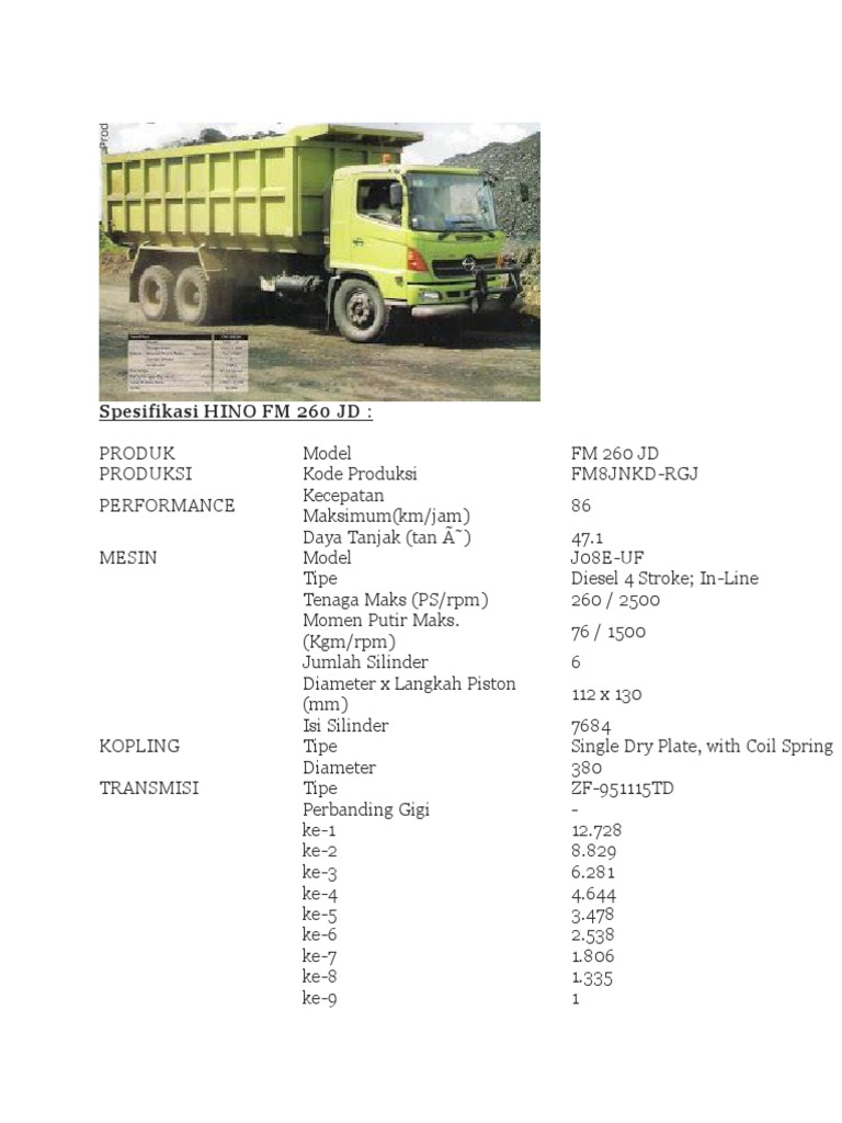 Spesifikasi HINO FM 260 JD | PDF