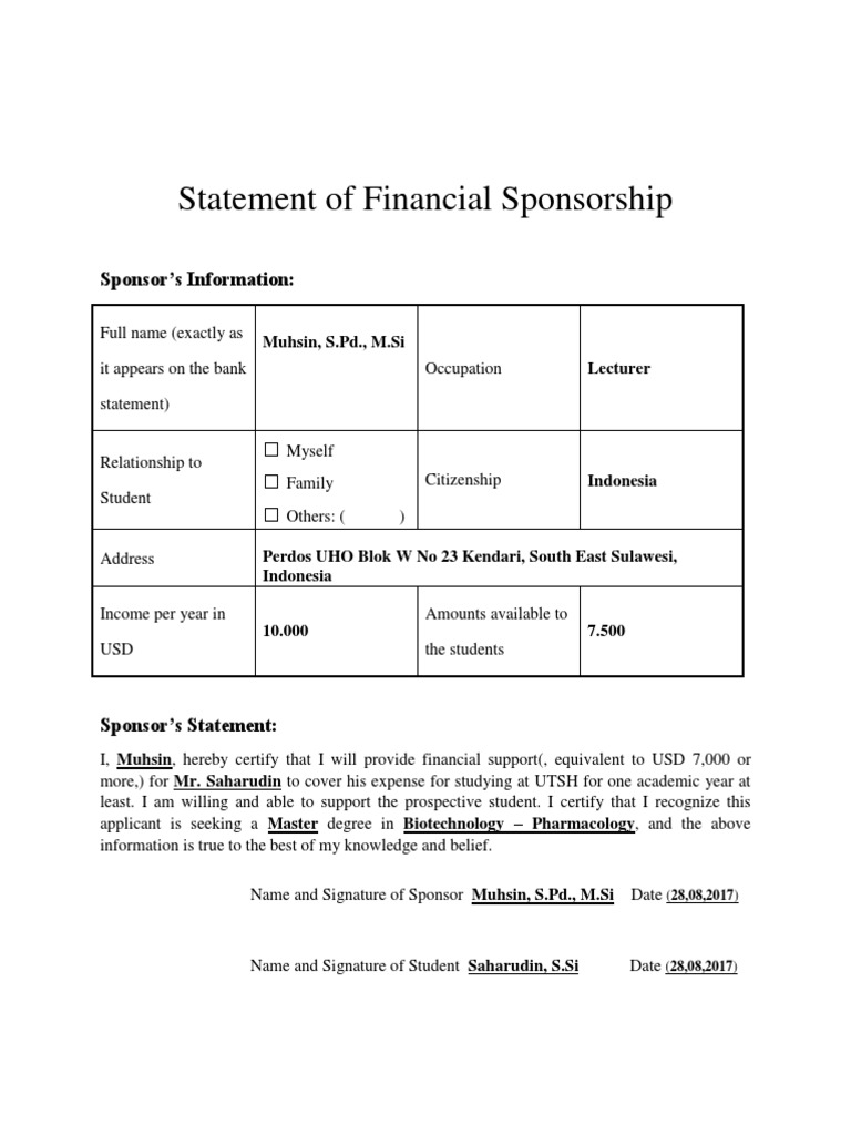 Usth Statement of Financial Sponsorship | PDF