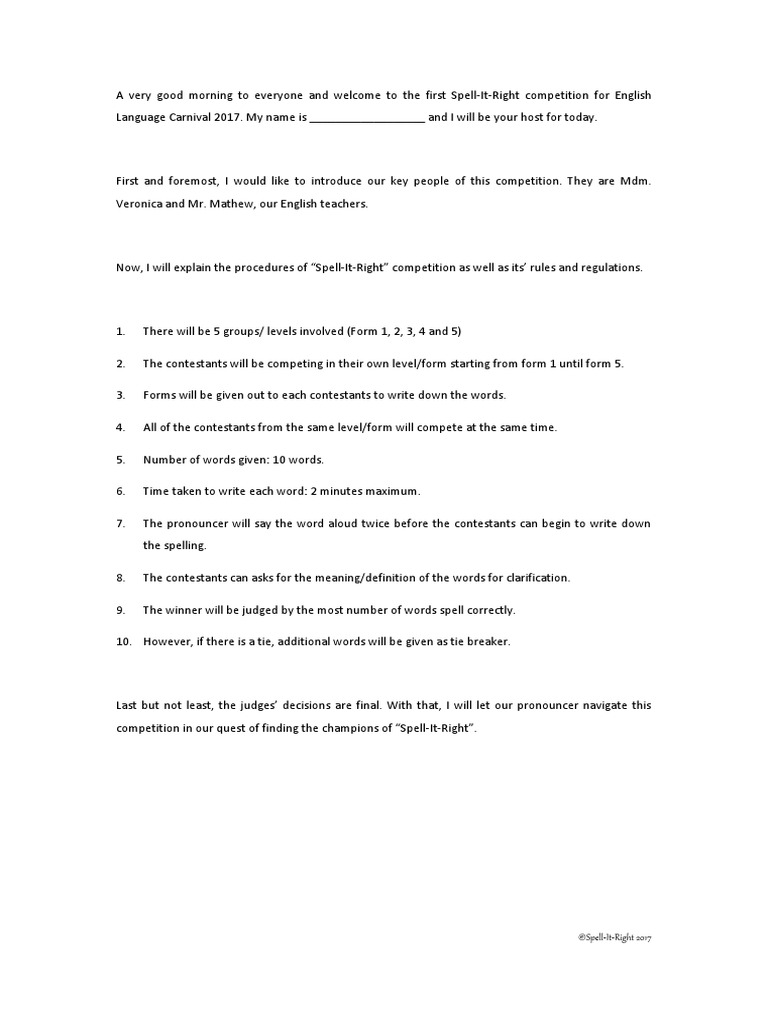 Spell It Right Emcee Script | PDF
