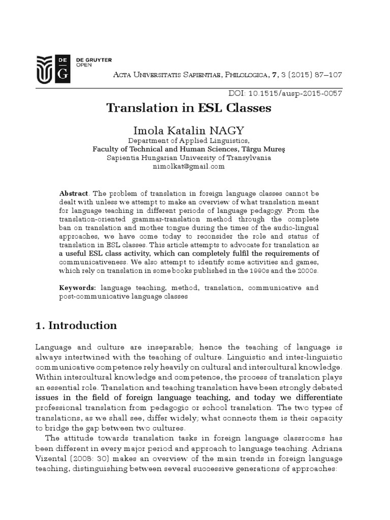 Translation in ESL Classes | PDF | Second Language | Language Education