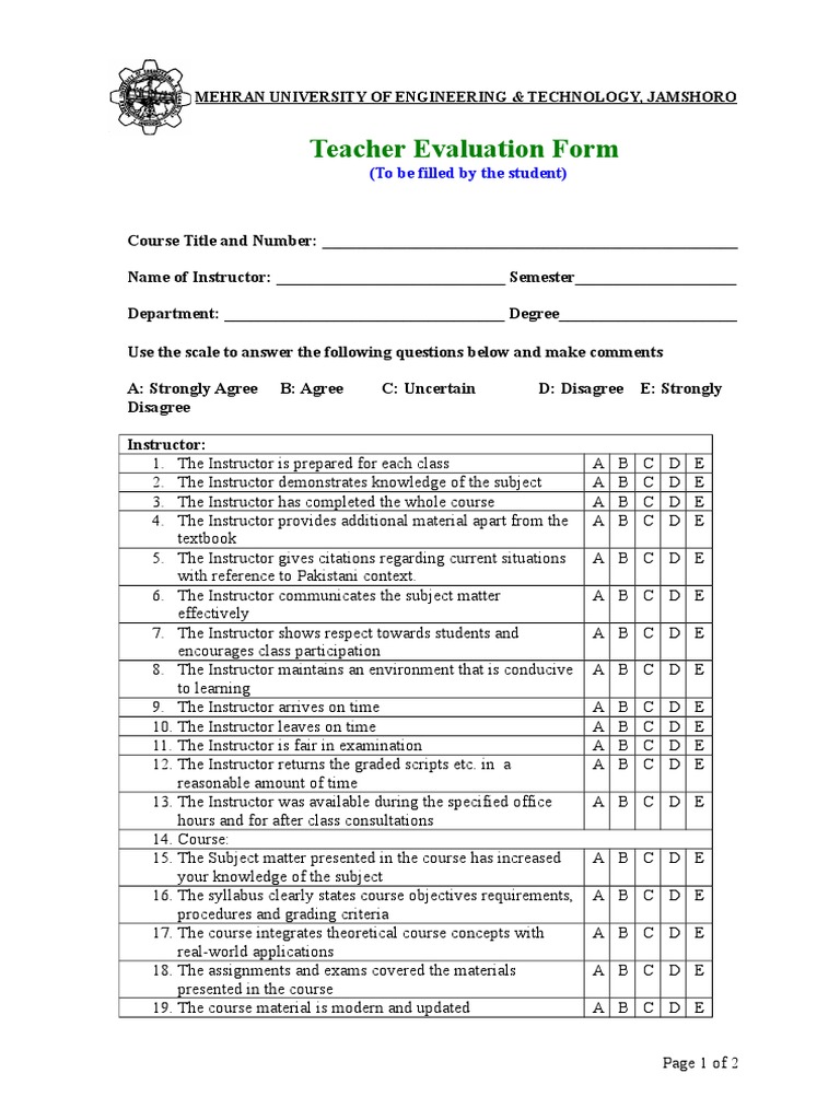 Performa 10 Teacher Evaluation Form | PDF | Education Theory | Test ...