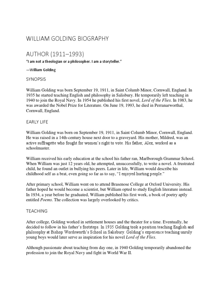 William Golding Biography | PDF | Unrest | Poetry