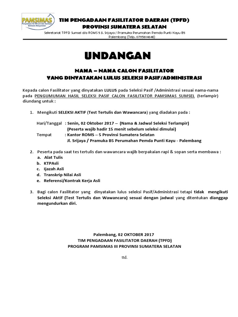 Undangan Peserta Seleksi Aktif (Tes Tertulis & Interview) - (FM-WSS) | PDF