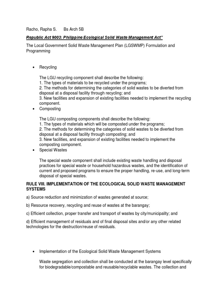 Summary DENR Laws | Waste Management | Landfill