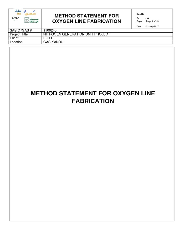 Oxygen Line Fabrication Method Statement | PDF | Metal Fabrication ...