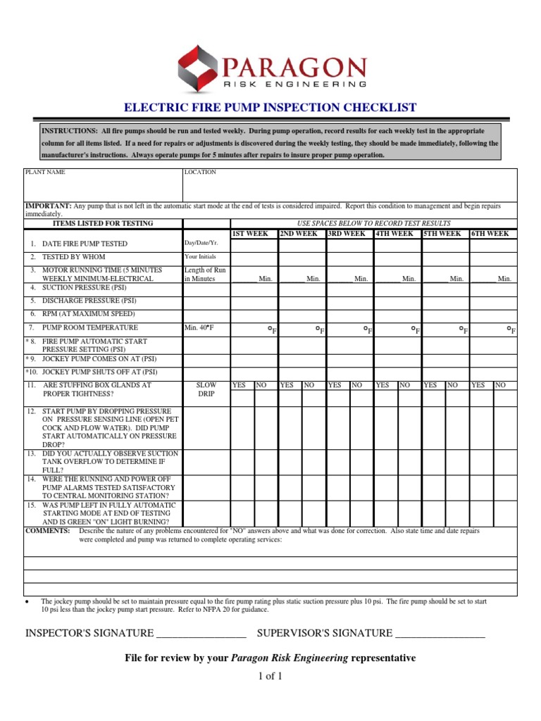 Electric Fire Pump Inspection Checklist PDF | PDF | Energy Technology | Pump