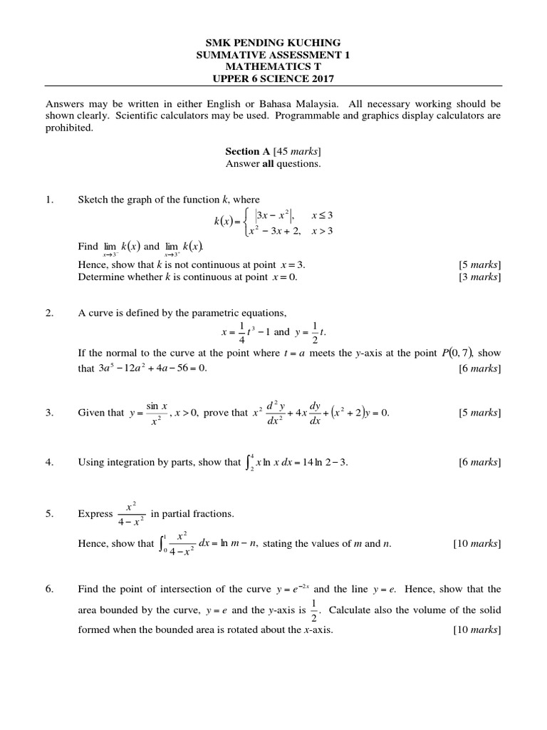 STPM Semester 2 Mid Term Exam - Mathematics T | PDF | Cartesian ...
