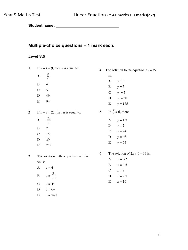5 3 Yr9 Linear Equations Test | PDF | Equations | Algebra