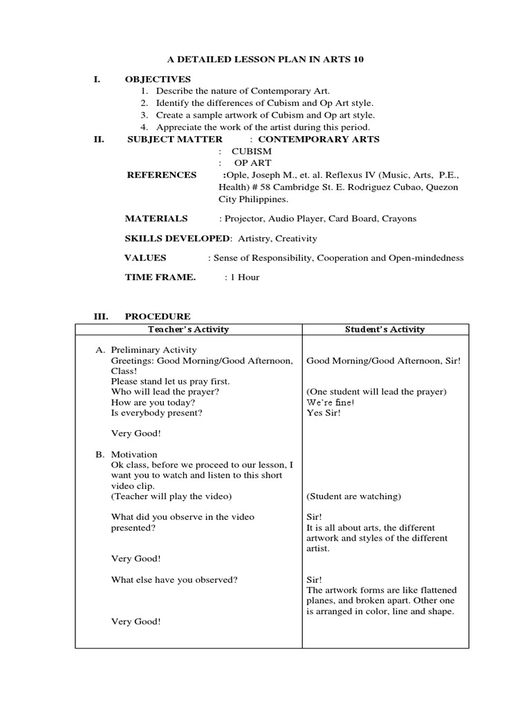 A Detailed Lesson Plan | Movements | Style