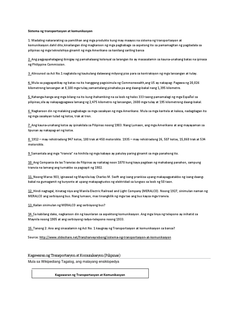 Sistema NG Transportasyon at Komunikasyon | PDF