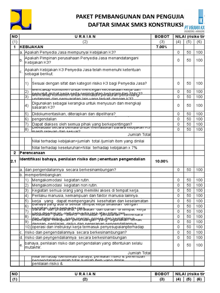 Daftar Simak Smk3 Penyedia Jasa | PDF